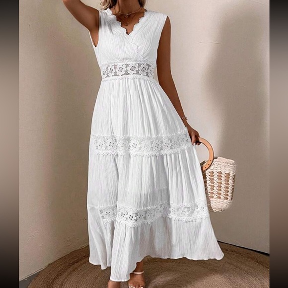 Dresses | Boho Sheer Mesh Floral Lace V Neck Smocked Sleeveless Dress ...
